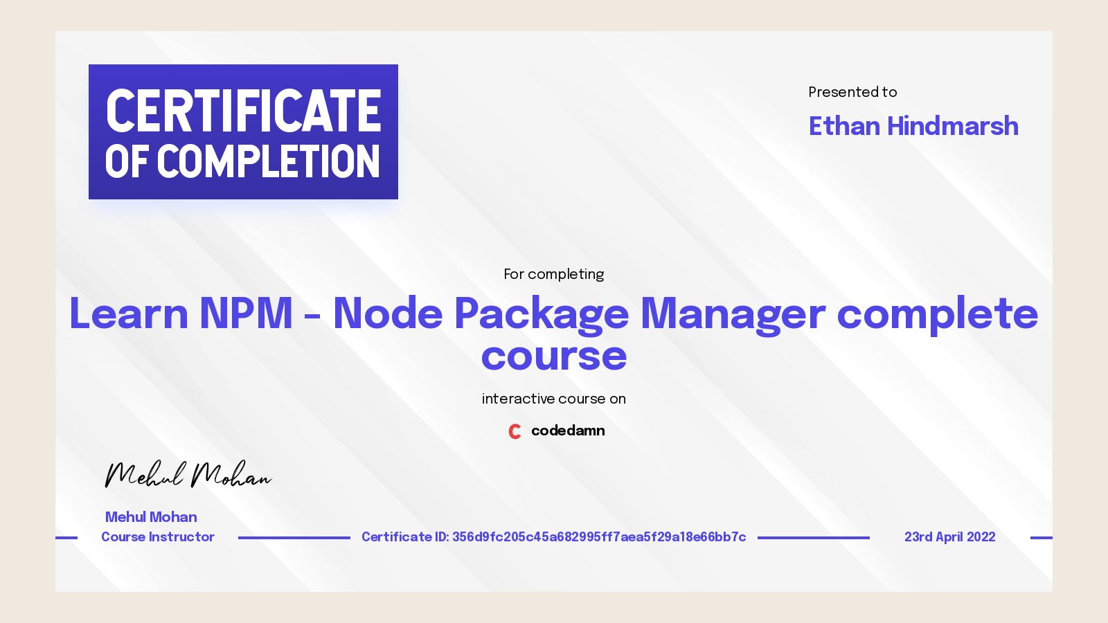 Ethan Hindmarsh's certification for Learn NPM - Node Package Manager ...