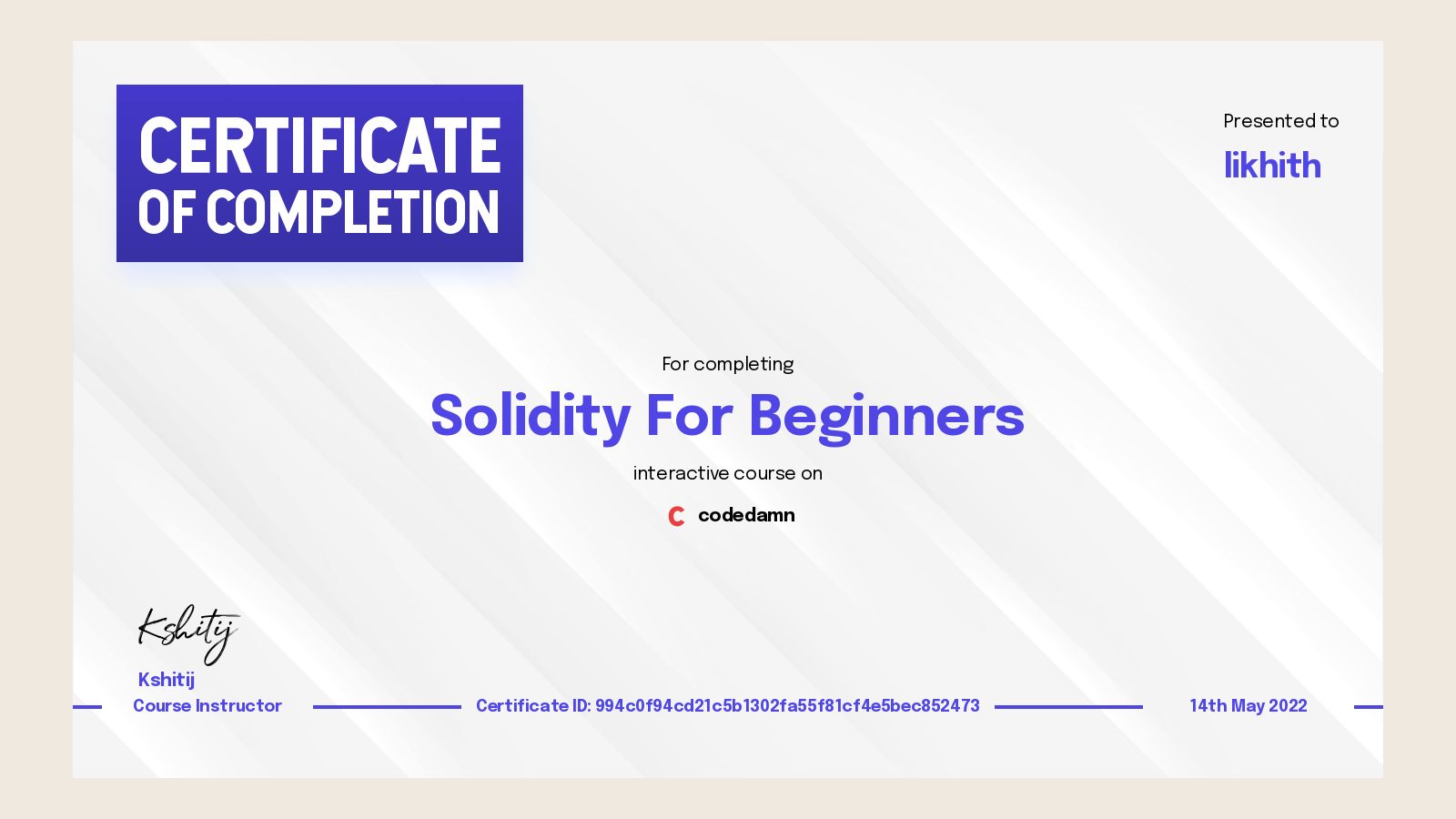 likhith's certification for Solidity For Beginners - Codedamn
