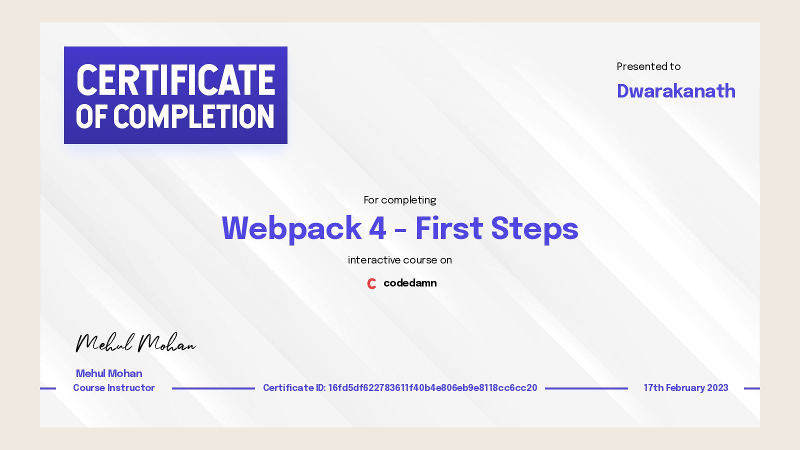 Dwarakanath's certification for Webpack 4 - First Steps - Codedamn