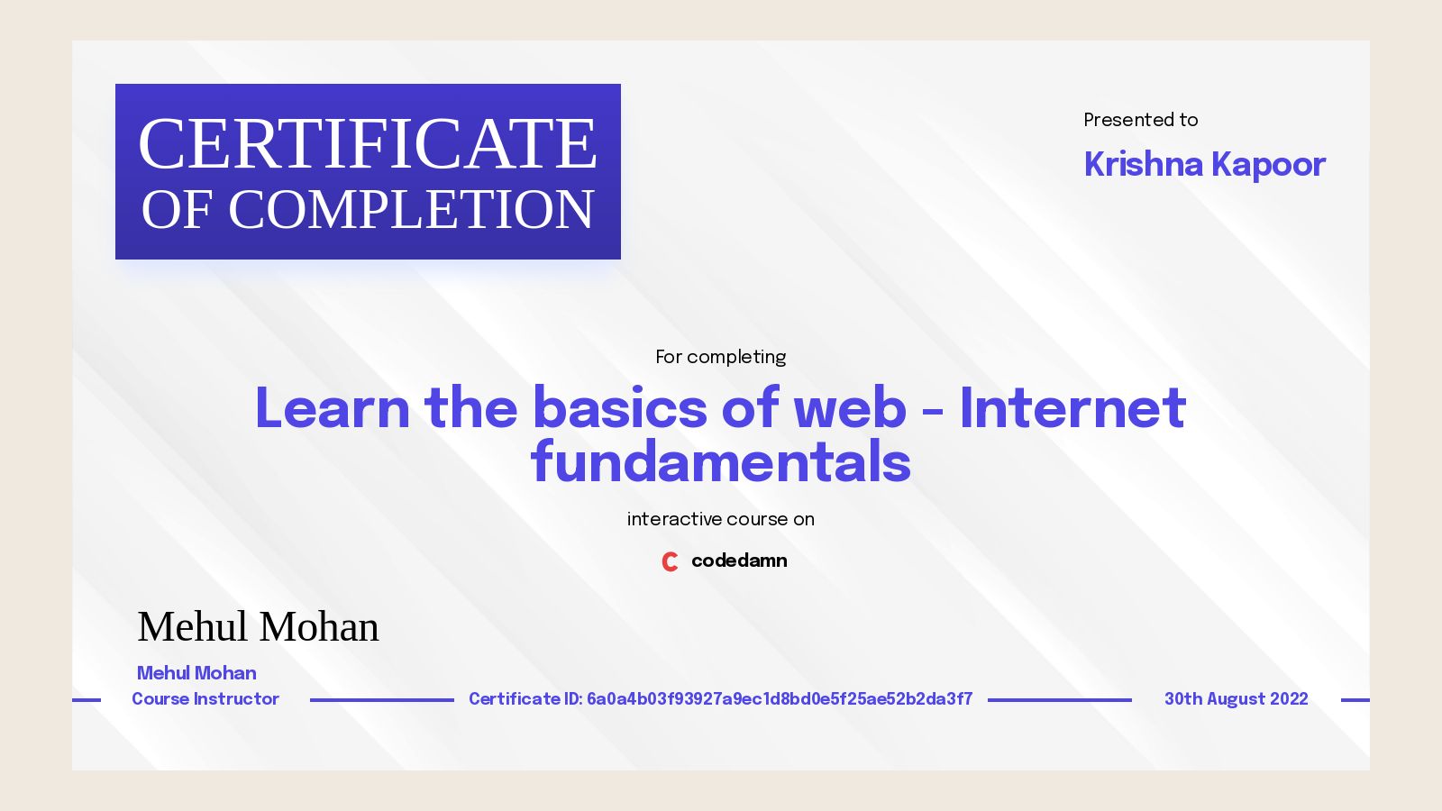 Krishna Kapoor's certification for Learn the basics of web - Internet fundamentals - Codedamn