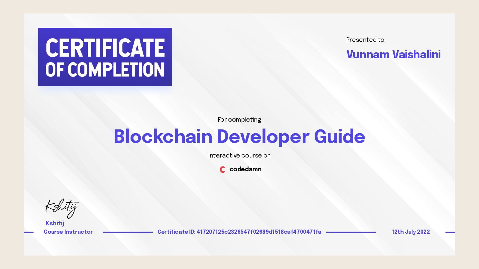 Vunnam Vaishalini's certification for Blockchain Developer Guide - Codedamn