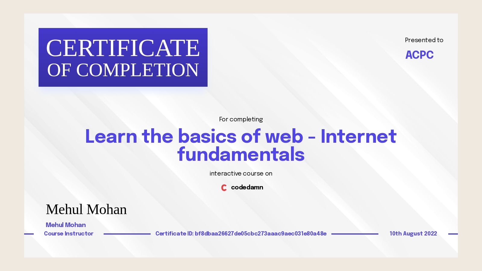 ACPC's certification for Learn the basics of web - Internet fundamentals - Codedamn