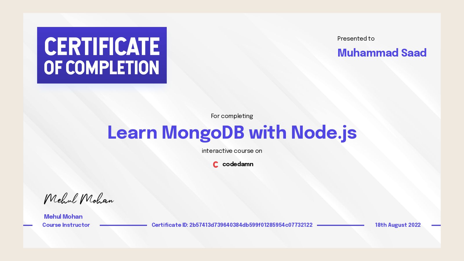 Muhammad Saads Certification For Learn Mongodb With Nodejs Codedamn