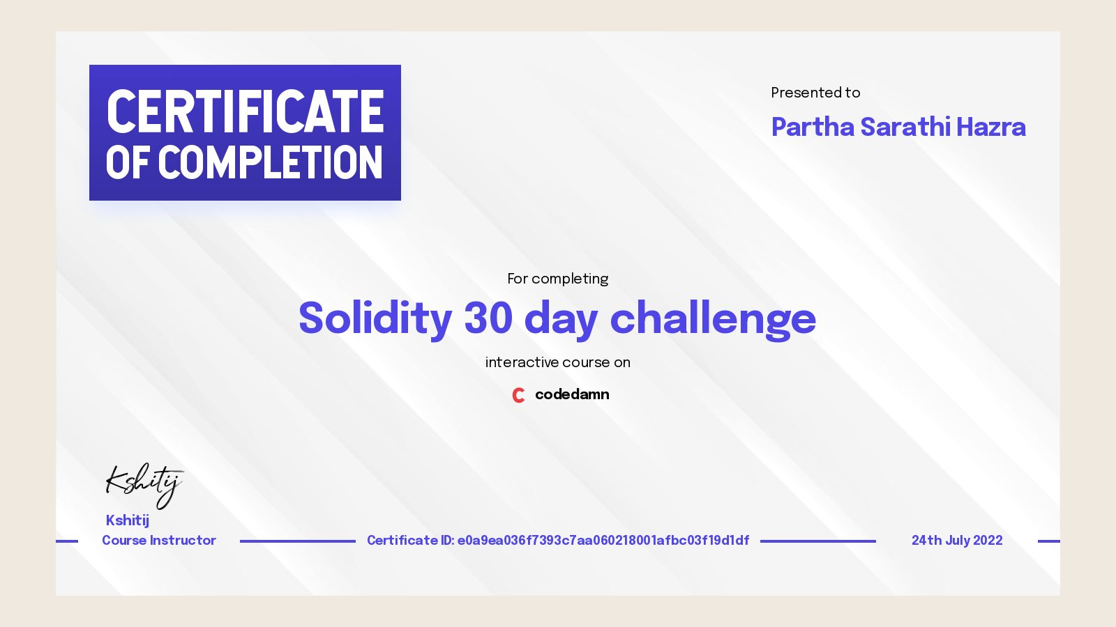 Partha Sarathi Hazra's certification for Solidity 30 day challenge - Codedamn
