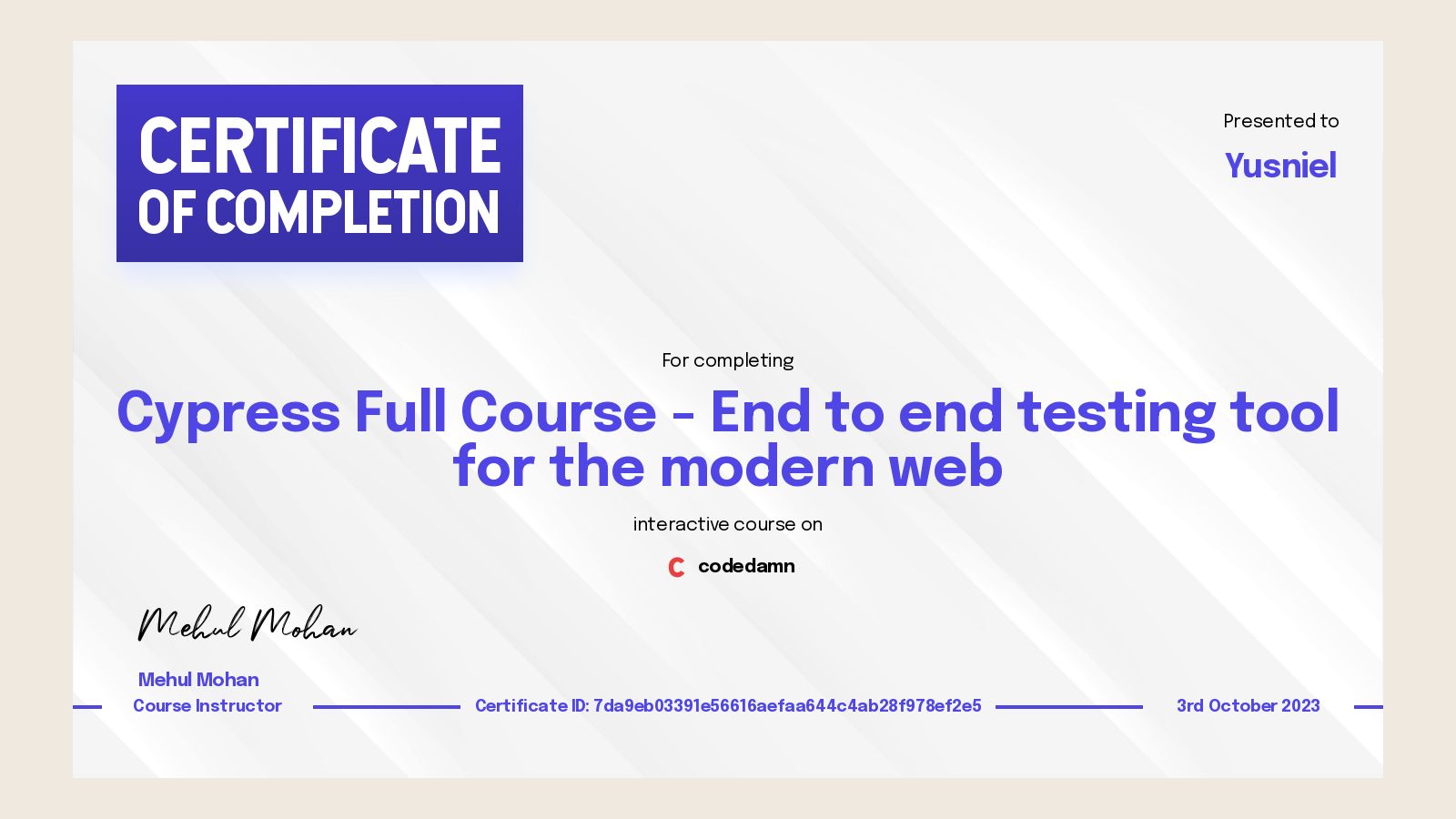 Yusniels Certification For Cypress Full Course End To End Testing Tool For The Modern Web