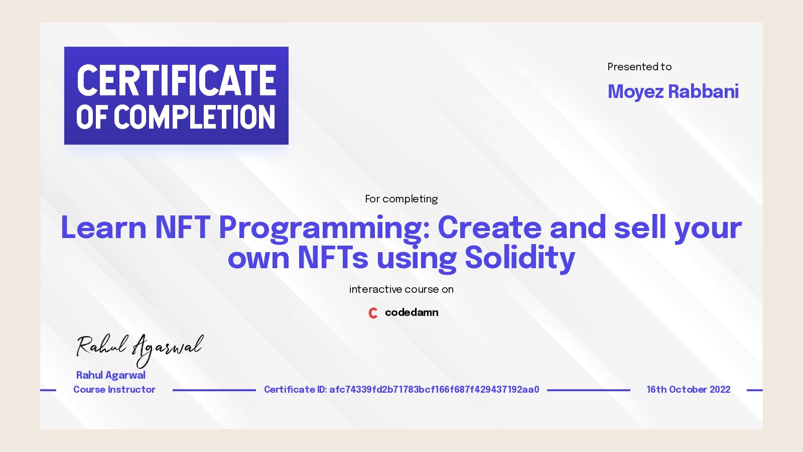 Moyez Rabbani's certification for Learn NFT Programming: Create and sell your own NFTs using ...