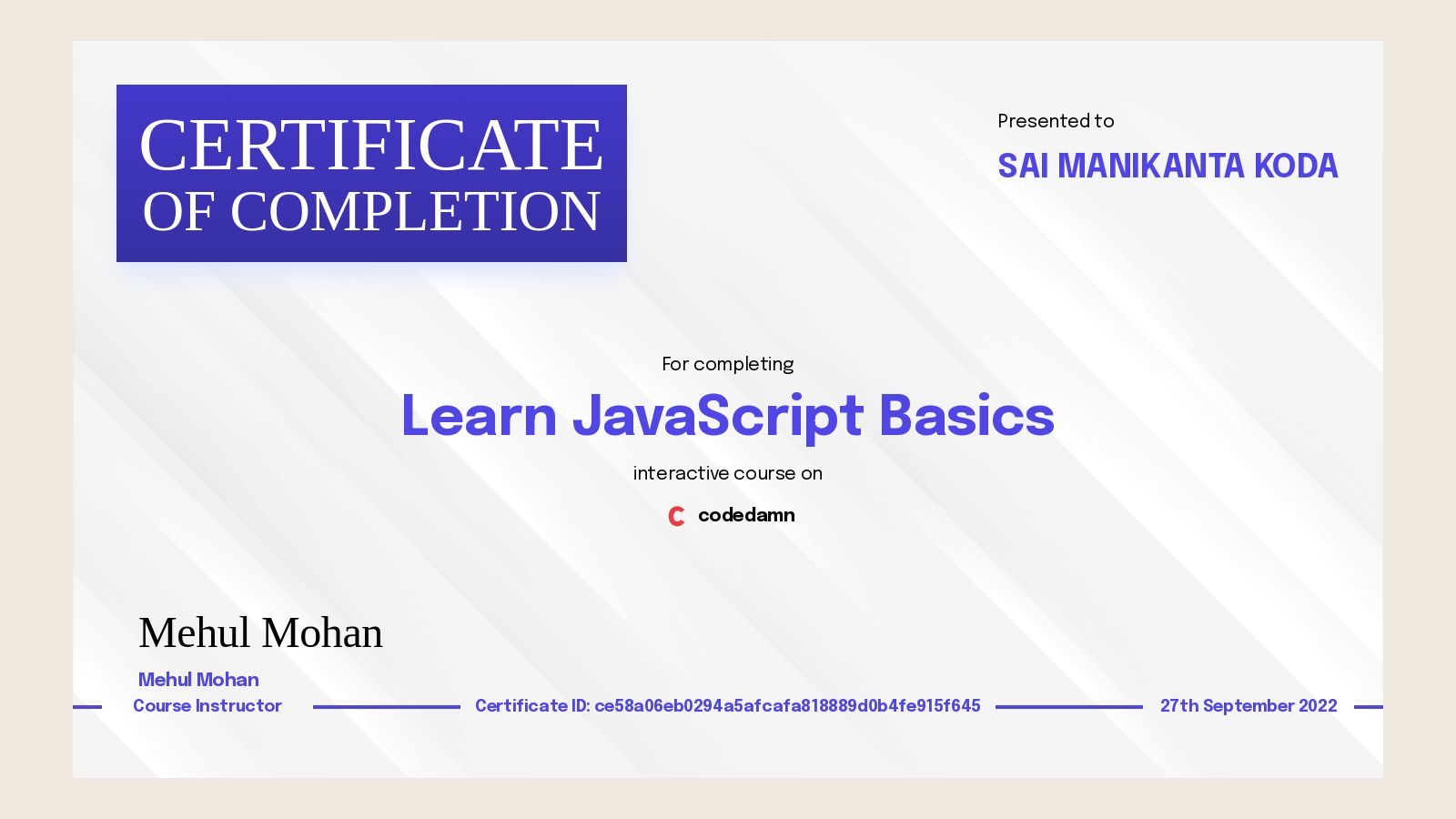 SAI MANIKANTA KODA's certification for Learn JavaScript Basics - Codedamn