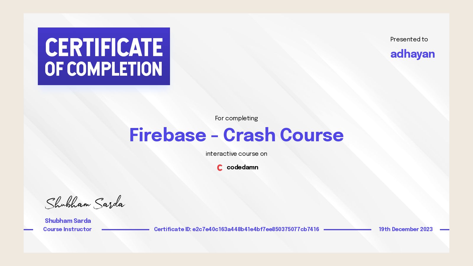 adhayan's certification for Firebase - Crash Course - Codedamn