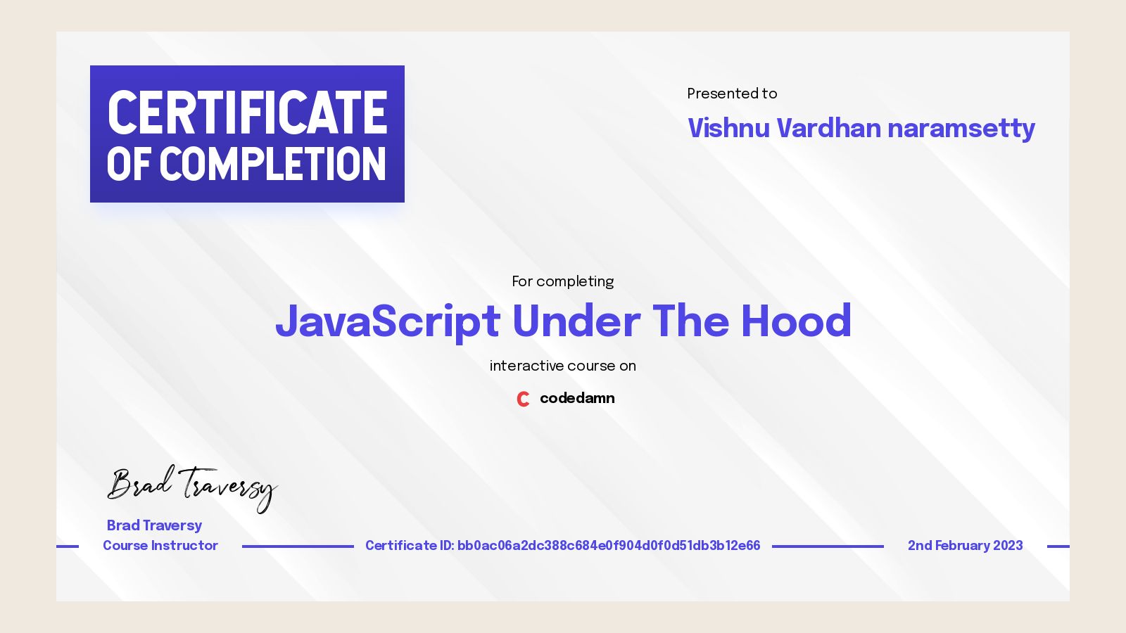 Vishnu Vardhan naramsetty's certification for JavaScript Under The Hood - Codedamn