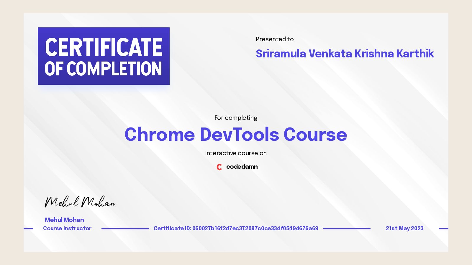 Sriramula Venkata Krishna Karthik's certification for Chrome DevTools Course - Codedamn
