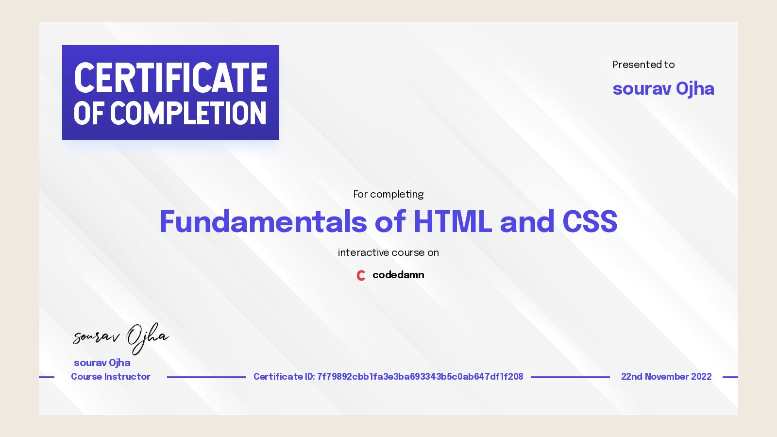 sourav Ojha's certification for Fundamentals of HTML and CSS - Codedamn