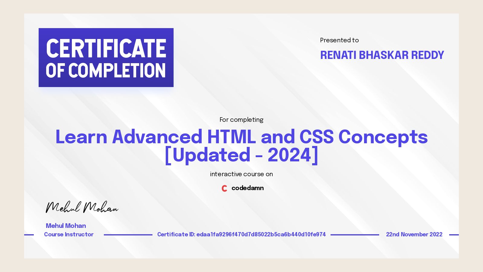 RENATI BHASKAR REDDY's certification for Learn Advanced HTML and CSS Concepts [Updated - 2024 ...
