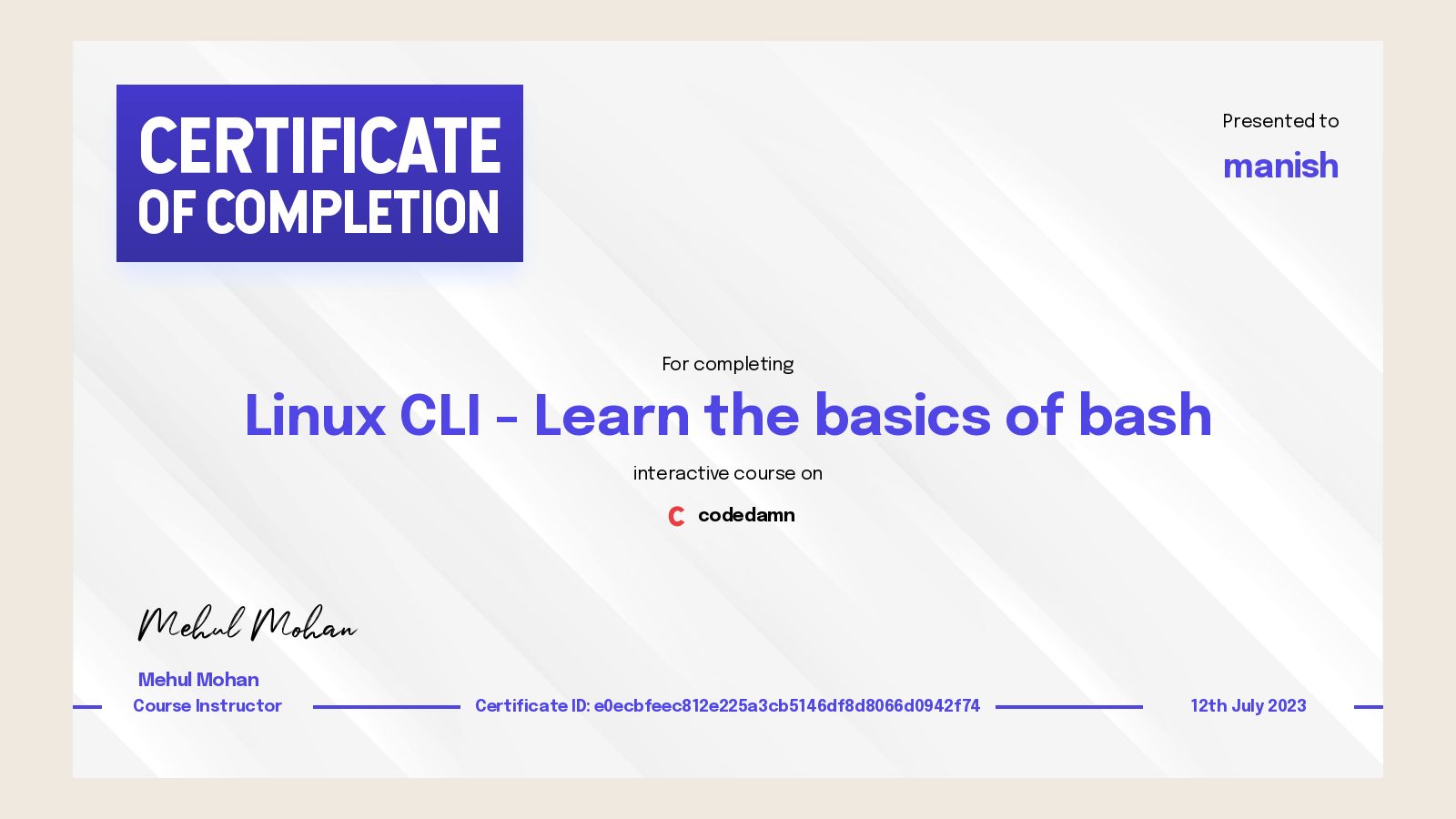 manish's certification for Linux CLI - Learn the basics of bash - Codedamn