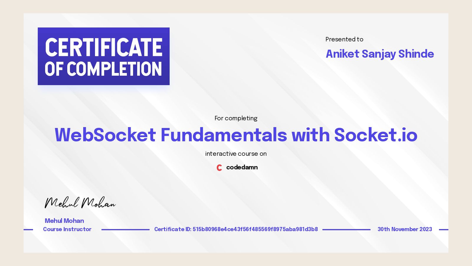 Aniket Sanjay Shinde's certification for WebSocket Fundamentals with Socket.io - Codedamn