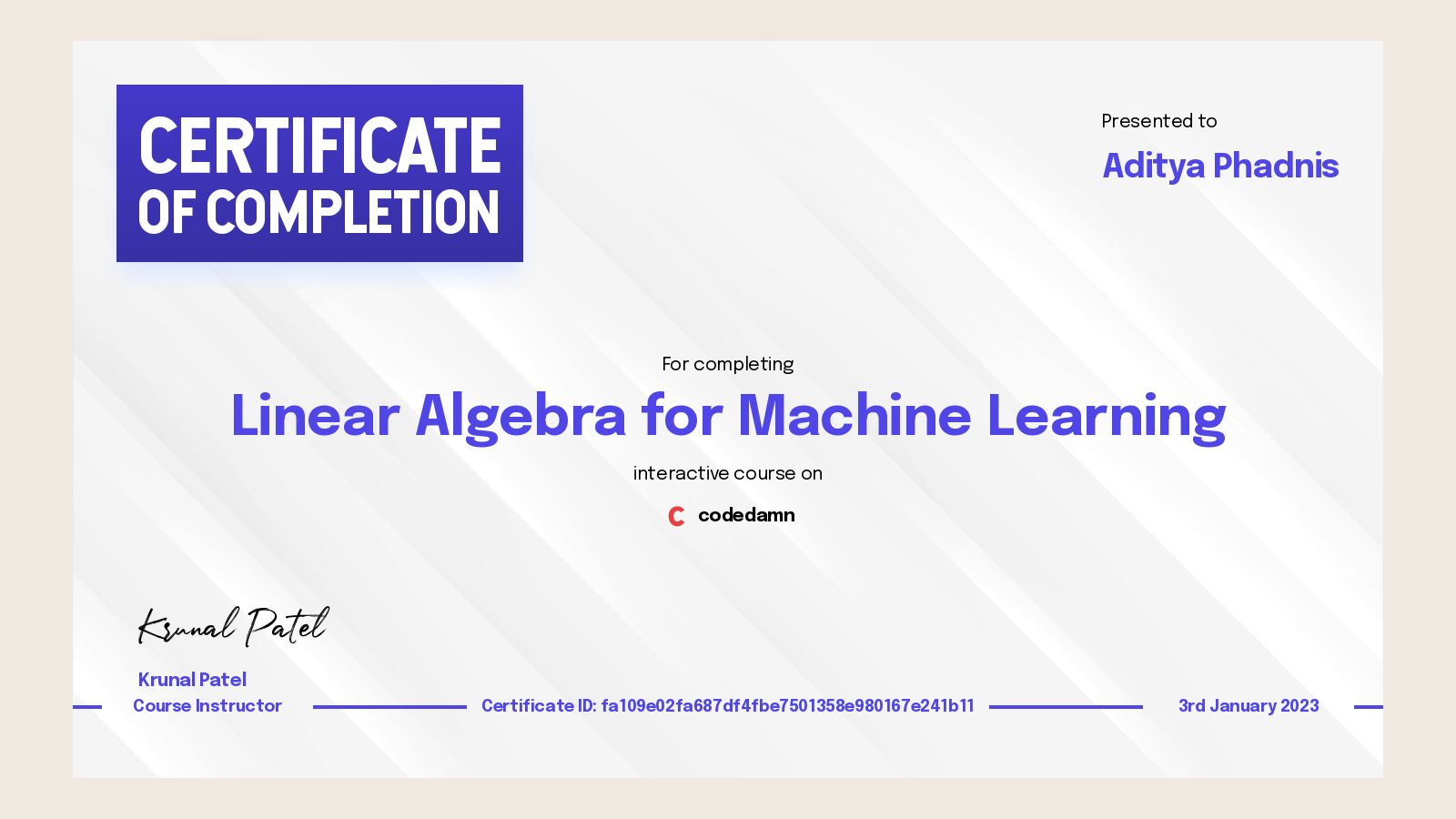 Aditya Phadnis's certification for Linear Algebra for Machine Learning ...