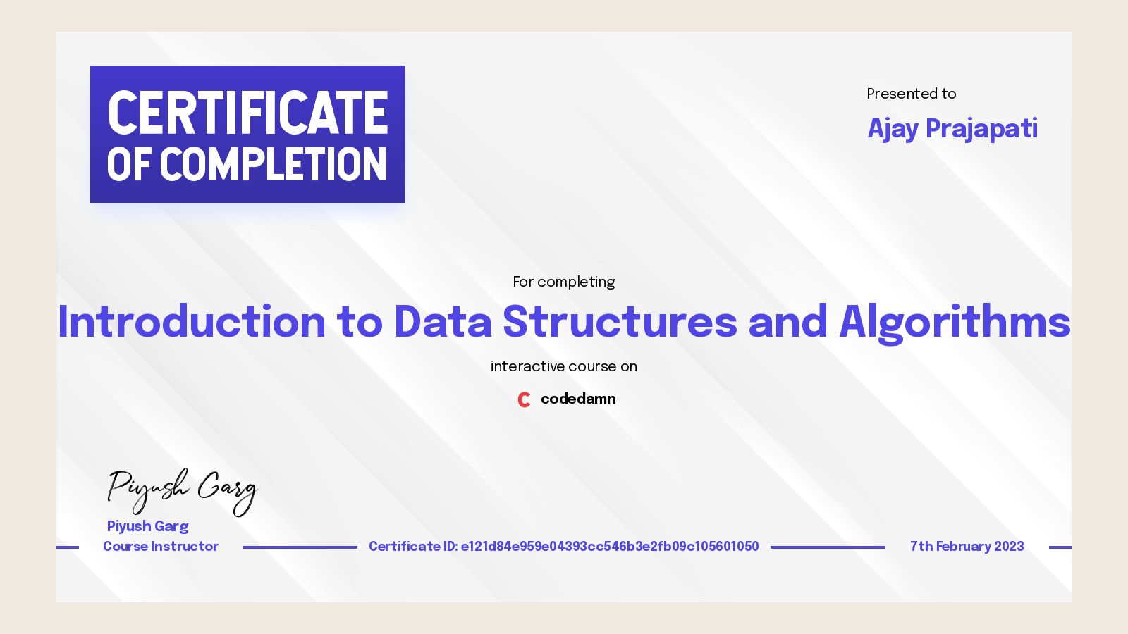 Ajay Prajapati's certification for Introduction to Data Structures and Algorithms - Codedamn