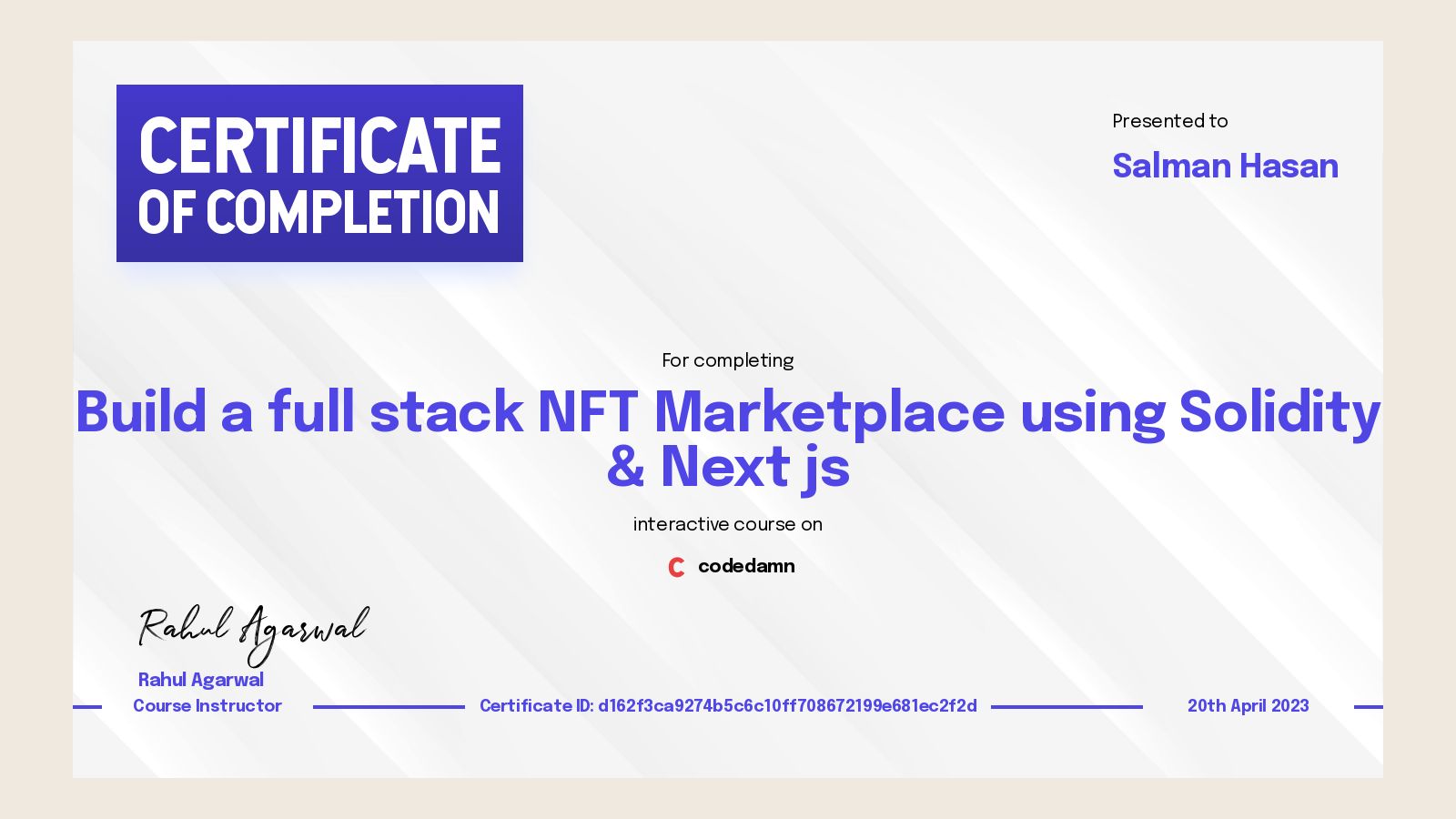 Salman Hasan's certification for Build a full stack NFT Marketplace using Solidity & Next js ...