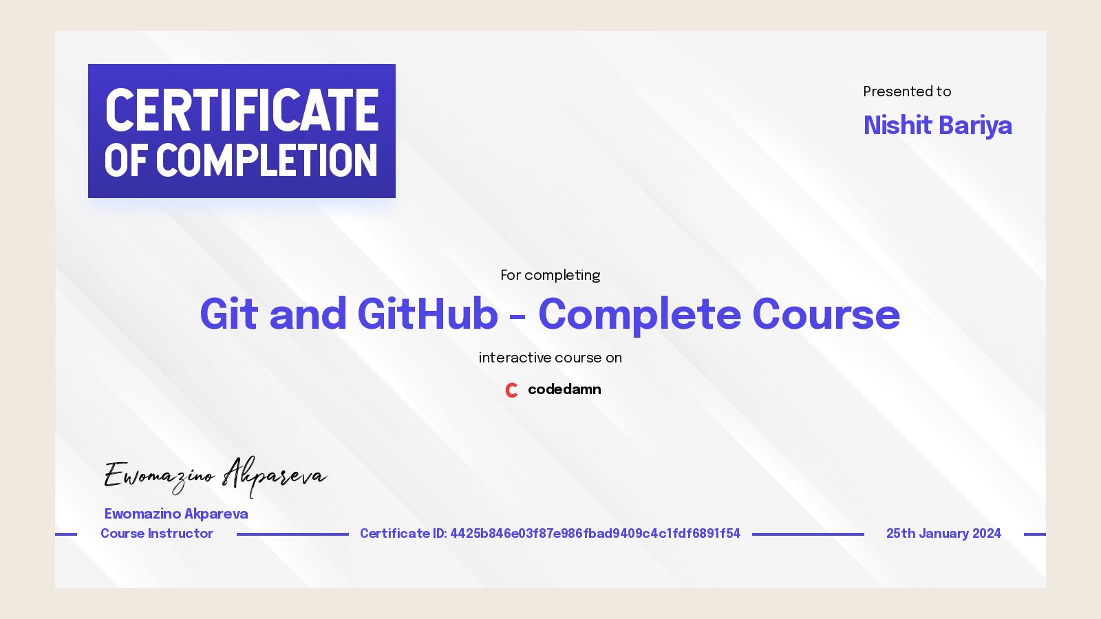 Nishit Bariya's certification for Git and GitHub - Complete Course - Codedamn