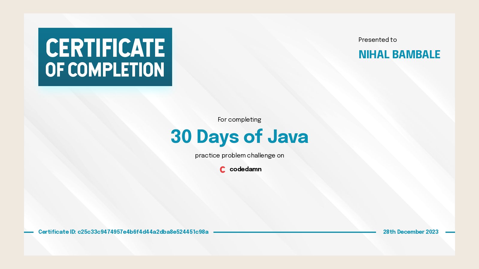 NIHAL BAMBALE's certification for 30 Days of Java - Codedamn