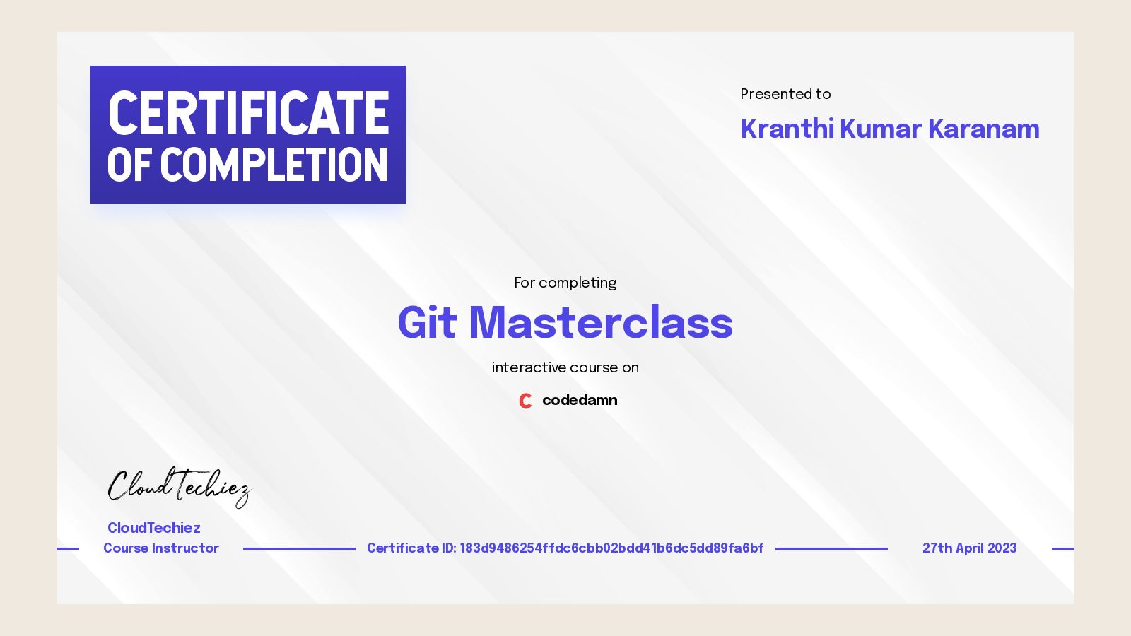 Kranthi Kumar Karanam's certification for Git Masterclass - Codedamn