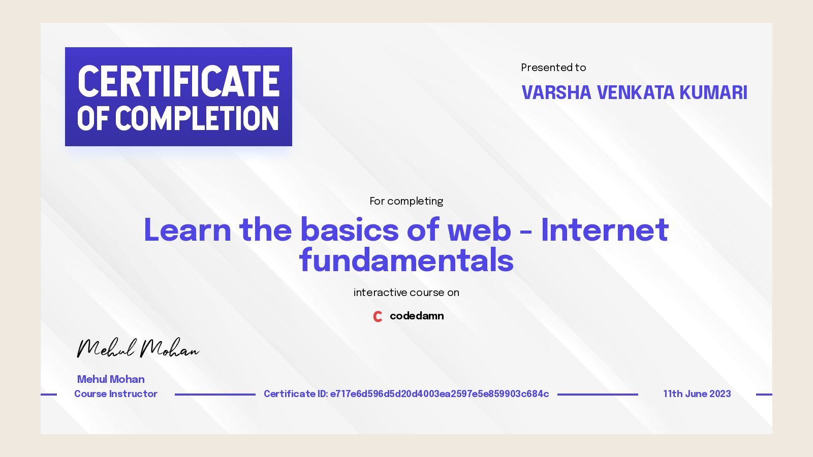 VARSHA VENKATA KUMARI 's certification for Learn the basics of web - Internet fundamentals ...