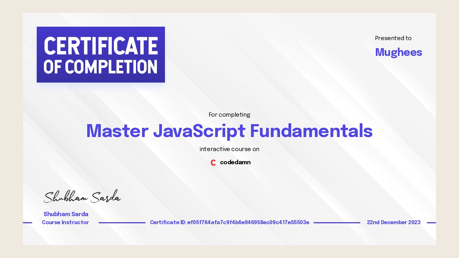 Mughees's certification for Master JavaScript Fundamentals - Codedamn