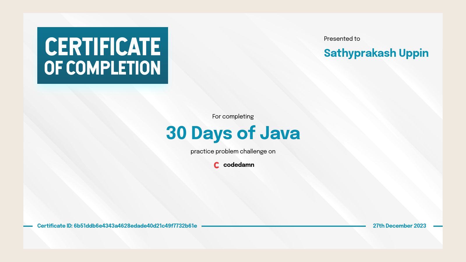 Sathyprakash Uppin's certification for 30 Days of Java - Codedamn