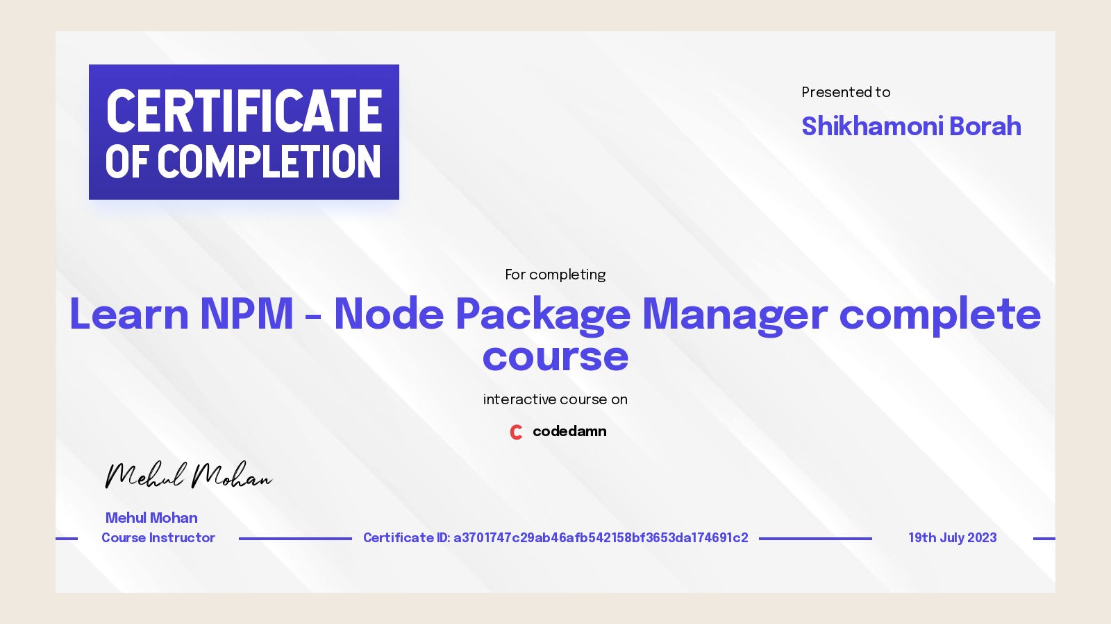 Shikhamoni Borah's certification for Learn NPM - Node Package Manager ...