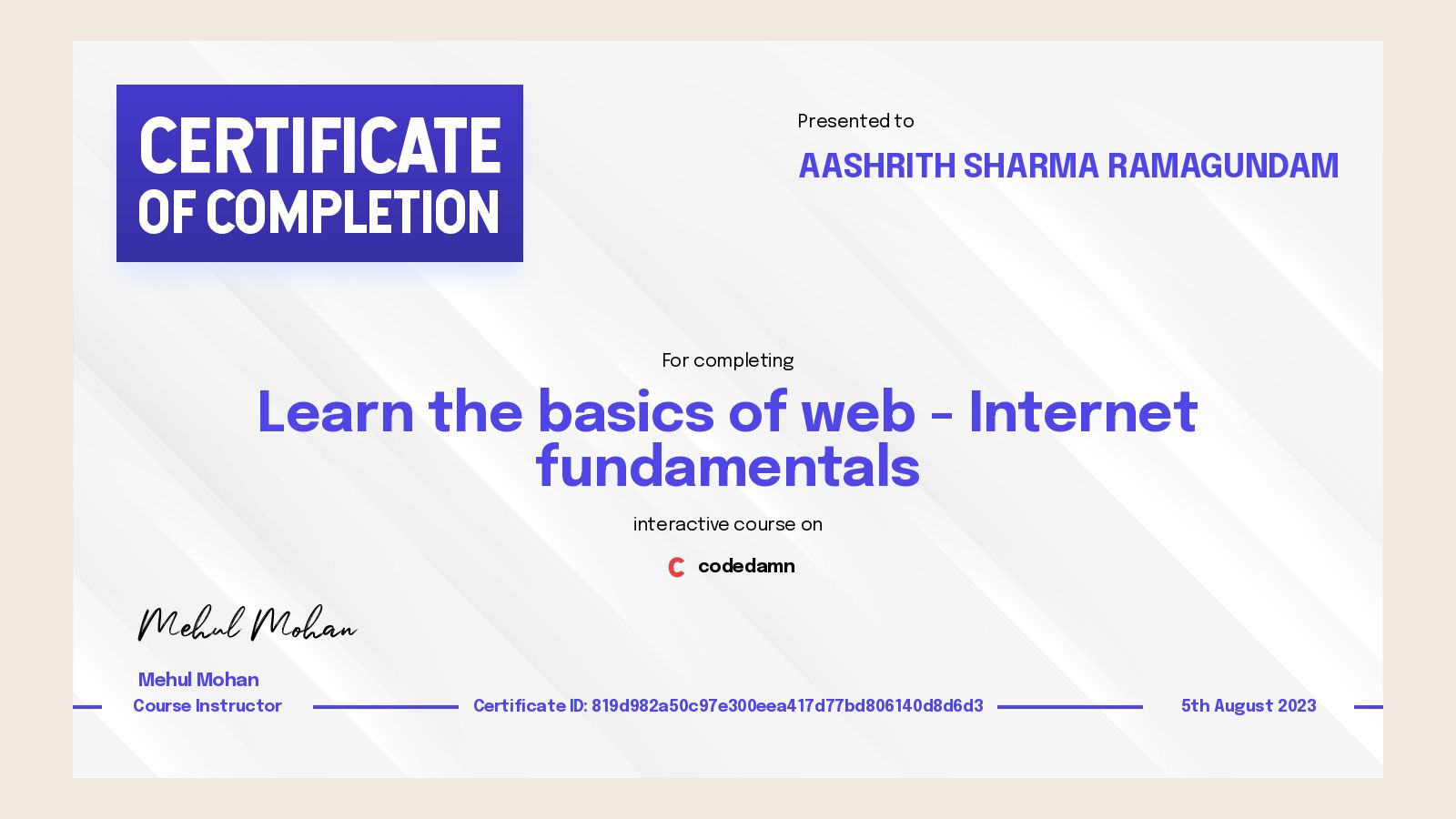 AASHRITH SHARMA RAMAGUNDAM's certification for Learn the basics of web - Internet fundamentals ...