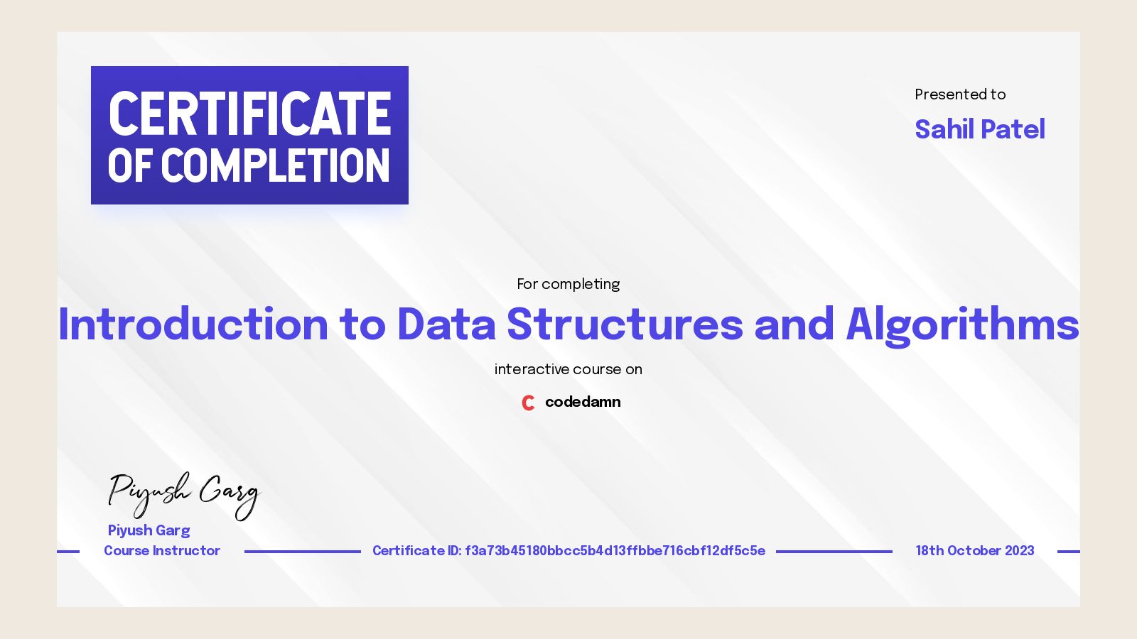 Sahil Patel's certification for Introduction to Data Structures and Algorithms - Codedamn
