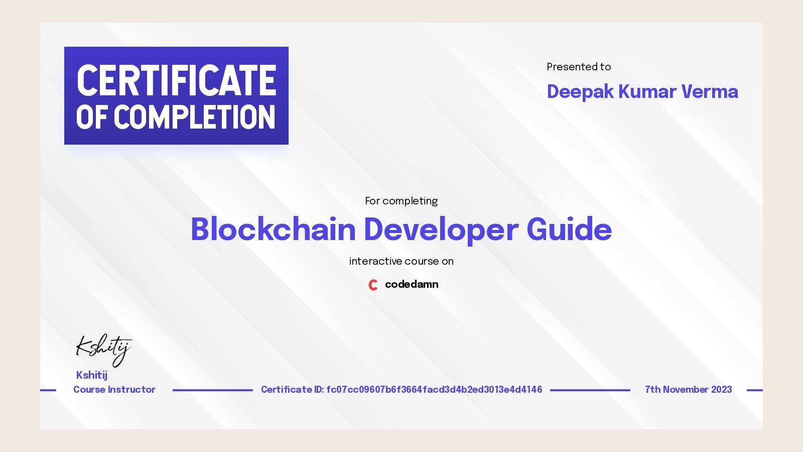 Deepak Kumar Verma's certification for Blockchain Developer Guide - Codedamn