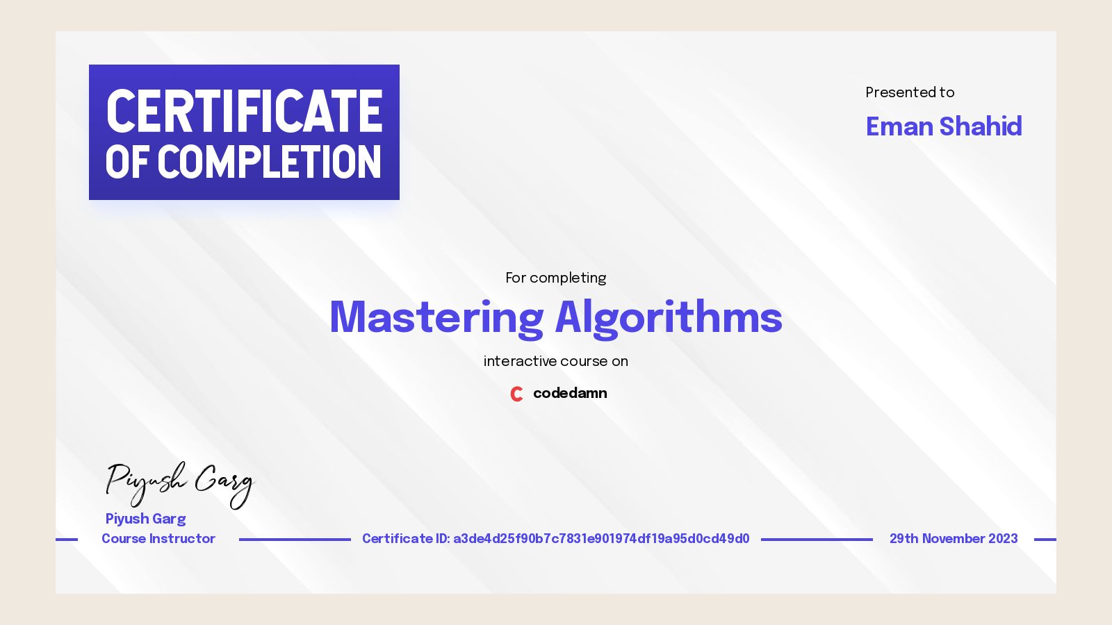 Eman Shahid's certification for Mastering Algorithms - Codedamn