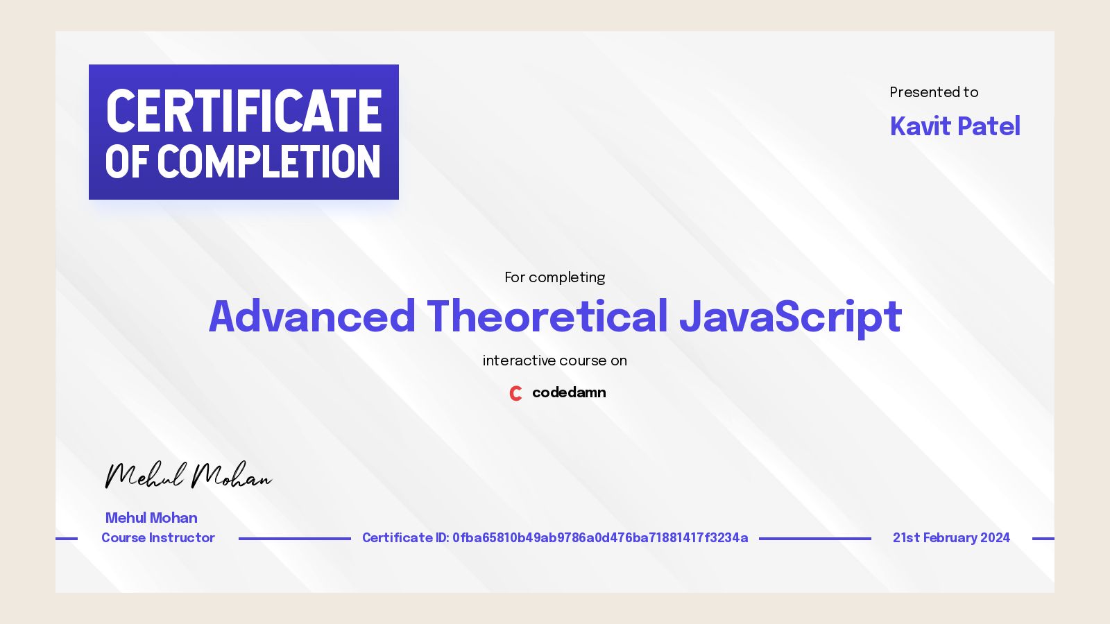 Kavit Patel's certification for Advanced Theoretical JavaScript - Codedamn