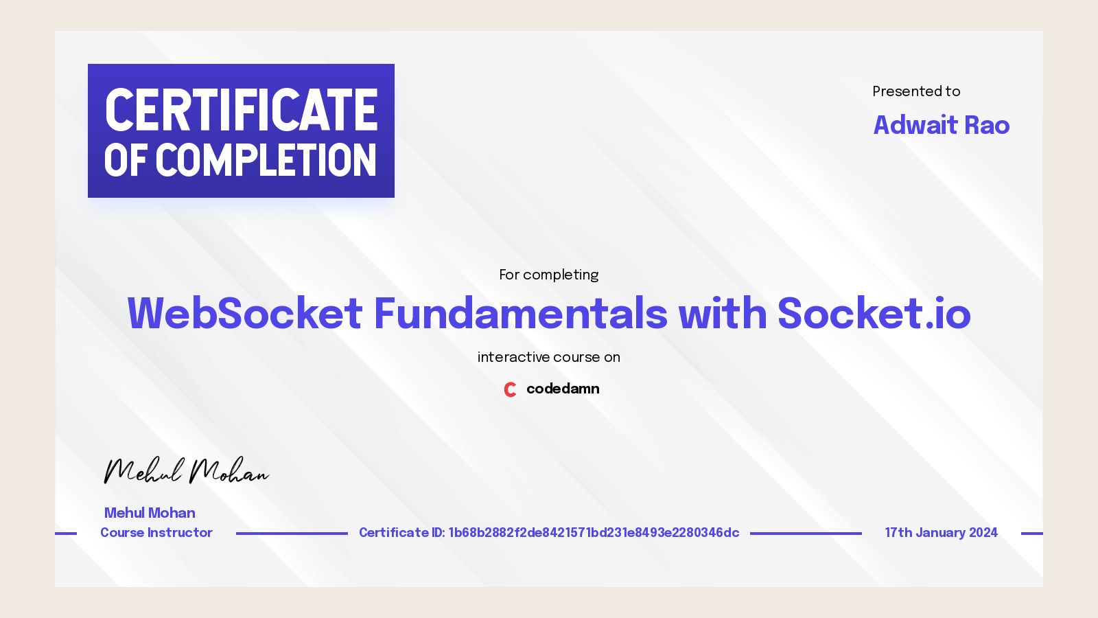 Adwait Rao's certification for WebSocket Fundamentals with Socket.io - Codedamn