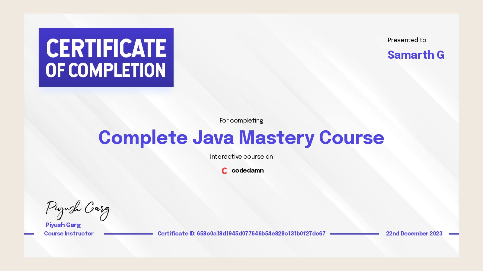 Samarth G's certification for Complete Java Mastery Course - Codedamn
