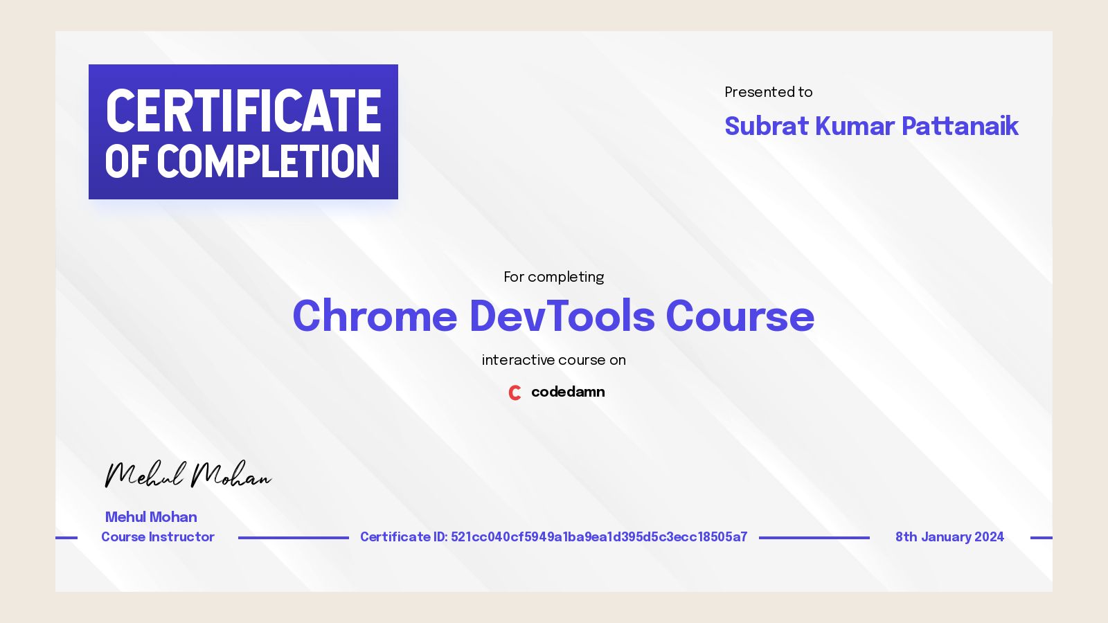 Subrat Kumar Pattanaik's certification for Chrome DevTools Course - Codedamn
