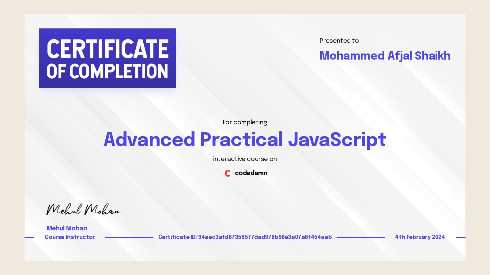Mohammed Afjal Aslam Shaikh's certification for Advanced Practical JavaScript - Codedamn