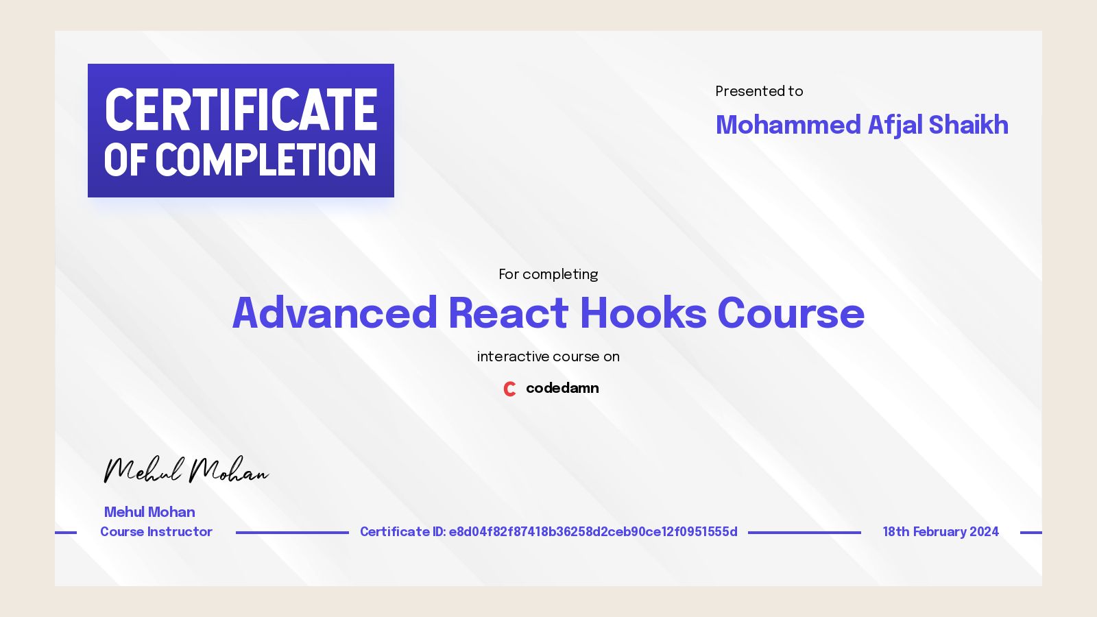 Mohammed Afjal Shaikh's certification for Advanced React Hooks Course ...