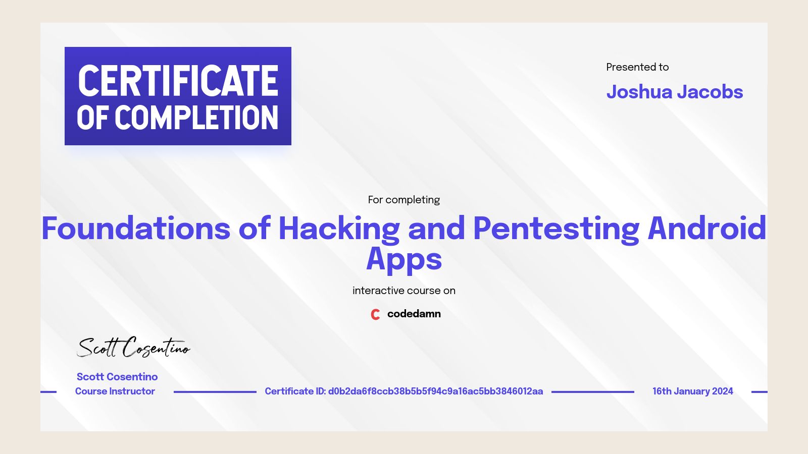 Joshua Jacobs's certification for Foundations of Hacking and Pentesting ...