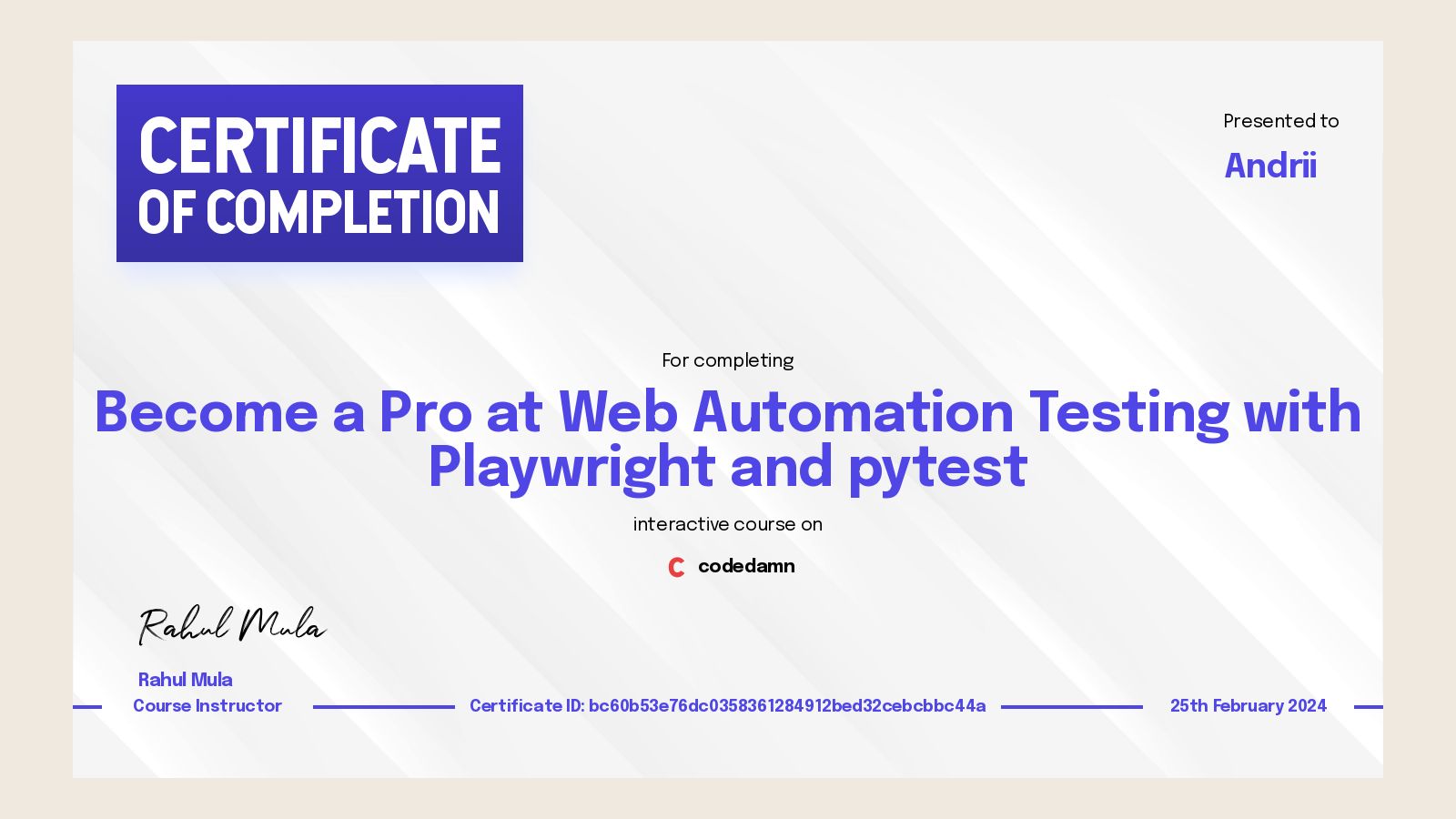 Andrii's certification for Become a Pro at Web Automation Testing with ...