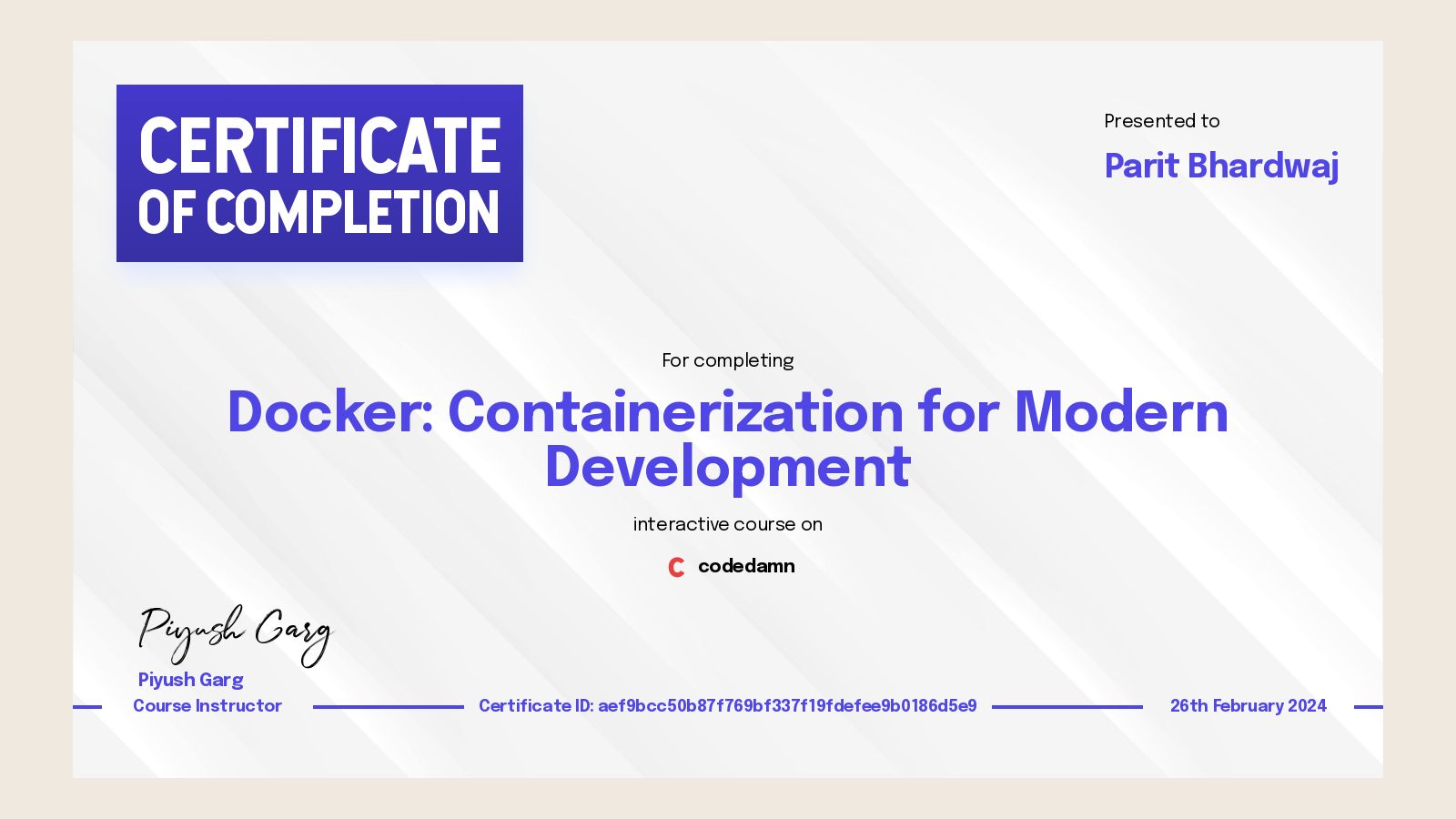 Parit Bhardwaj's certification for Docker: Containerization for Modern Development - Codedamn