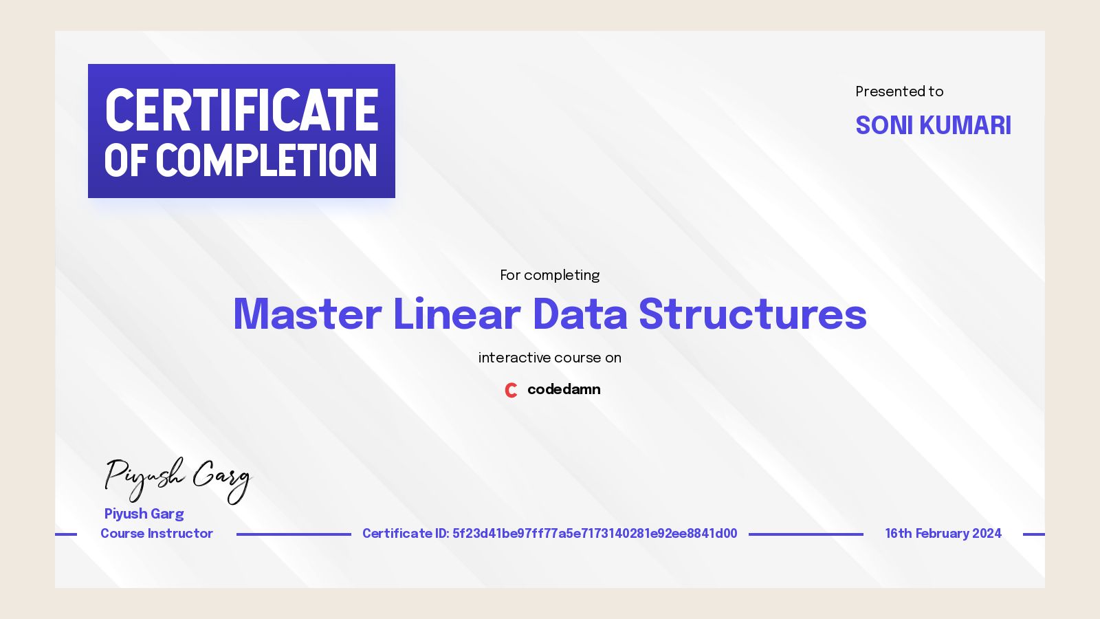 SONI KUMARI's certification for Master Linear Data Structures - Codedamn