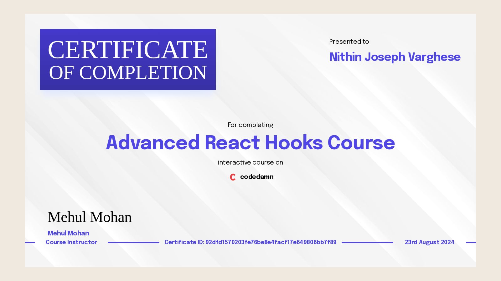 Nithin Joseph Varghese's certification for Advanced React Hooks Course ...