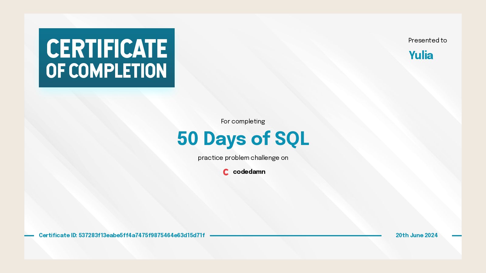 Yulia's certification for 50 Days of SQL - Codedamn