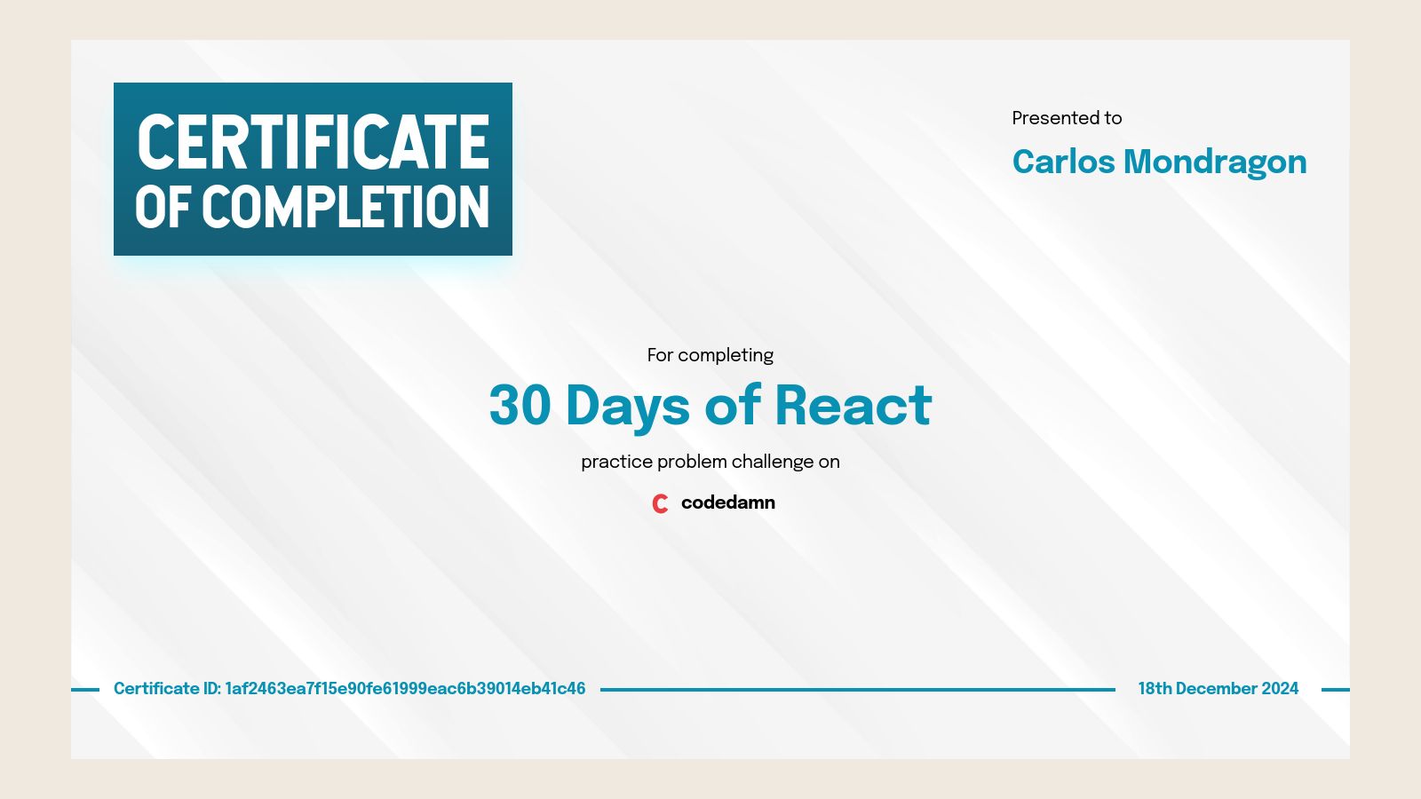 Carlos Mondragon's certification for 30 Days of React - Codedamn