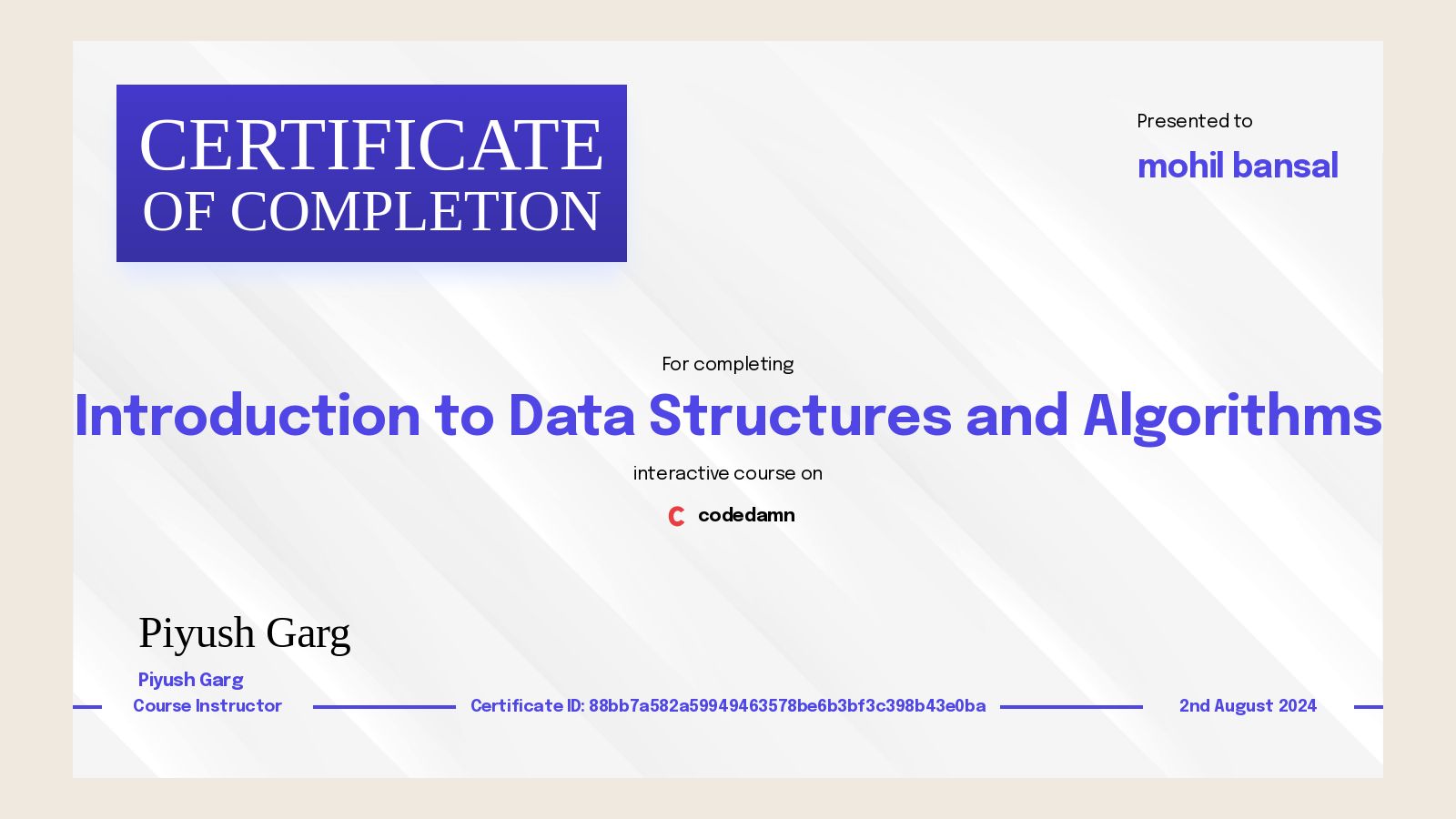 Mohil Bansal's certification for Introduction to Data Structures and Algorithms - Codedamn