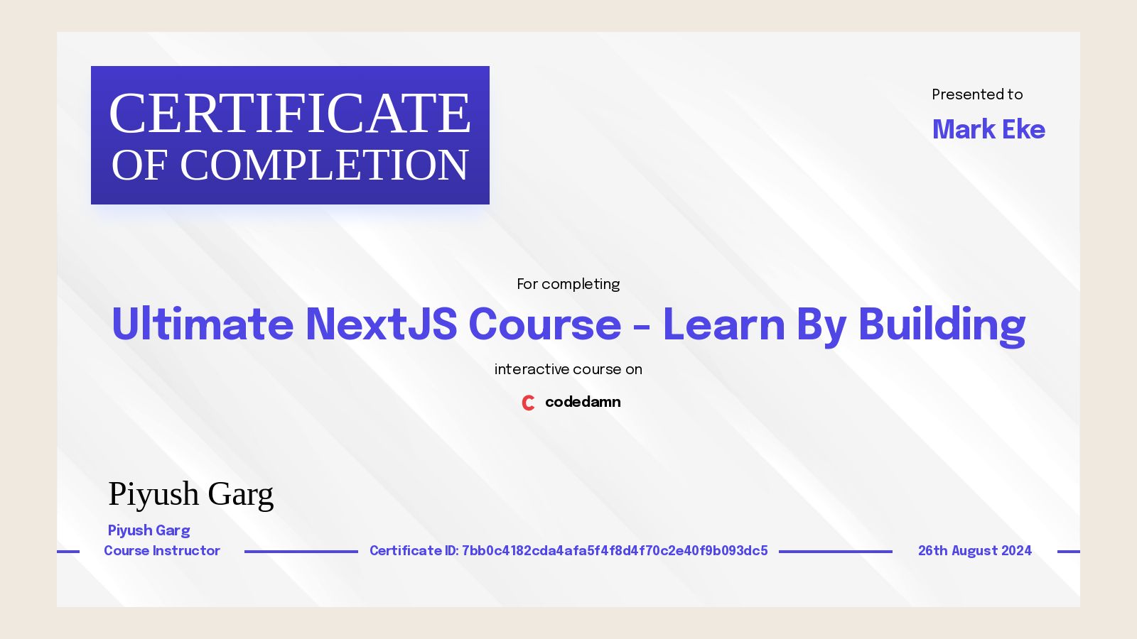 Mark Eke's certification for Ultimate NextJS Course - Learn By Building - Codedamn