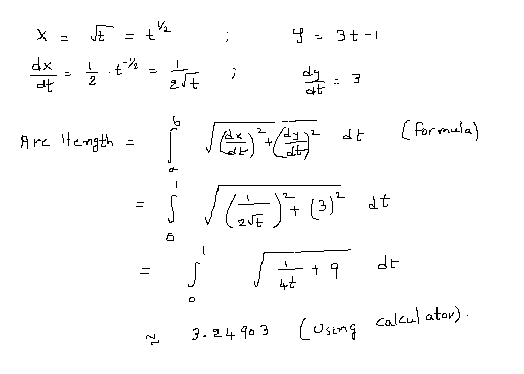 `x=sqrt(t) , y=3t-1 , 0