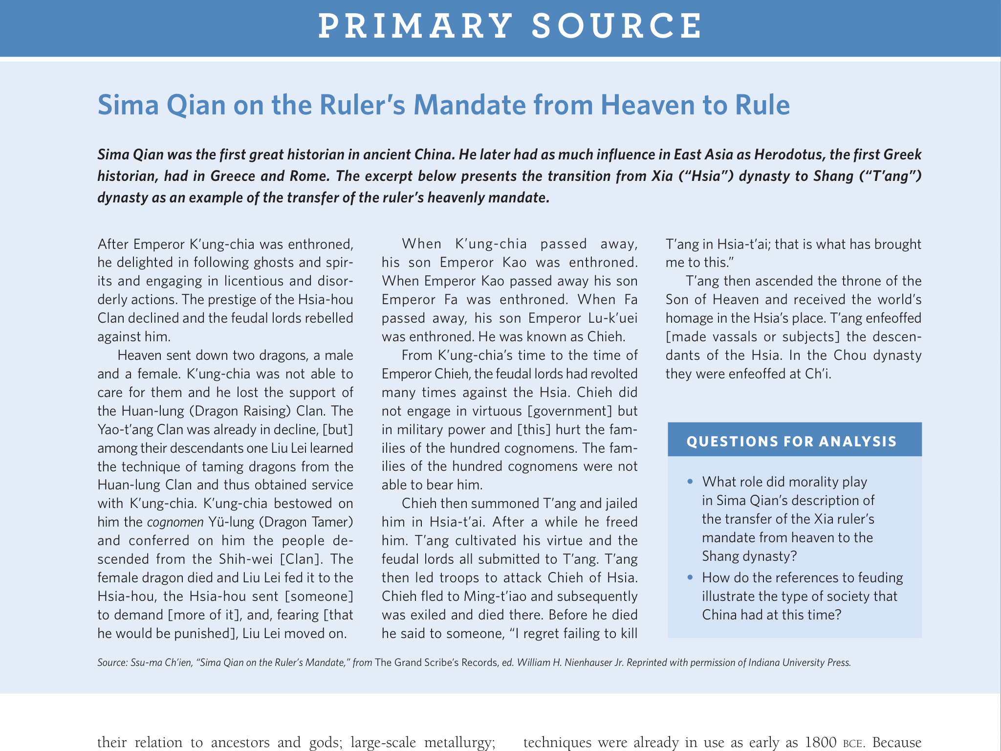 What role did morality play in the Xia ruler's Mandate transfer to the ...