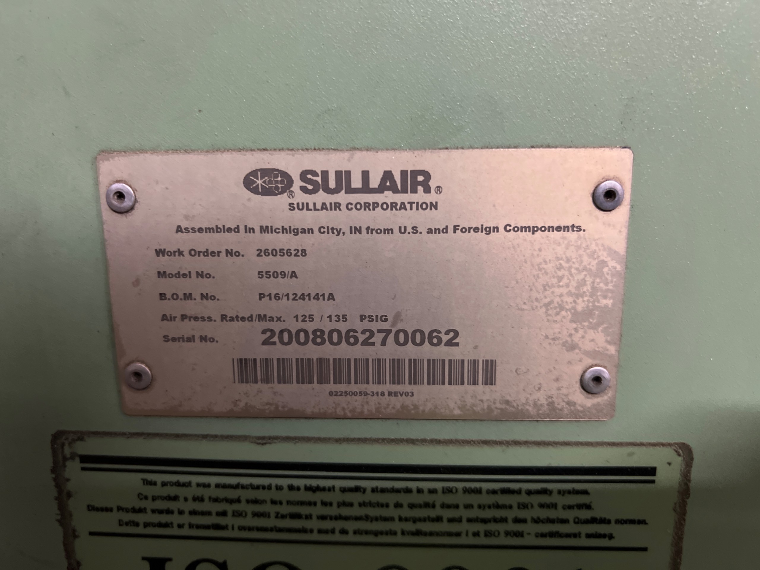 SULLAIR 5509/A STATIONARY AIR COMPRESSOR For Sale | Aucto